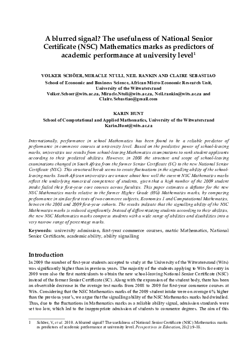 (PDF) A Blurred Signal? The Usefulness of National Senior Certificate ...