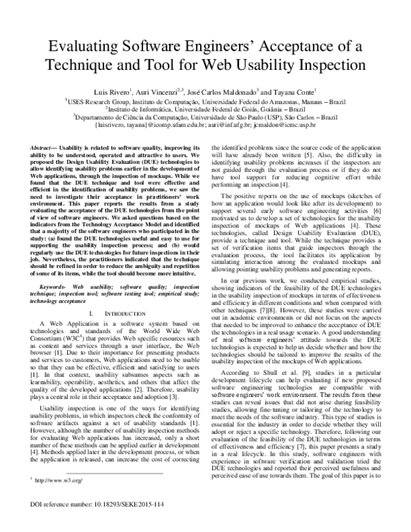 (PDF) Evaluating Software Engineers’ Acceptance of a Technique and Tool for Web Usability Inspection