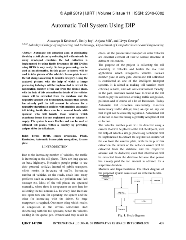 (PDF) Automatic toll system using DIP
