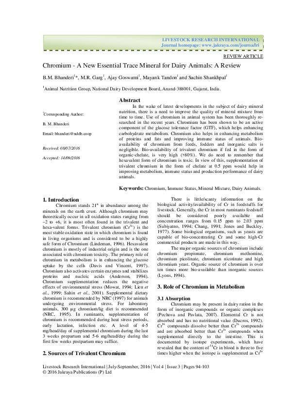 (PDF) Chromium-A New Essential Trace Mineral for Dairy Animals: A Review
