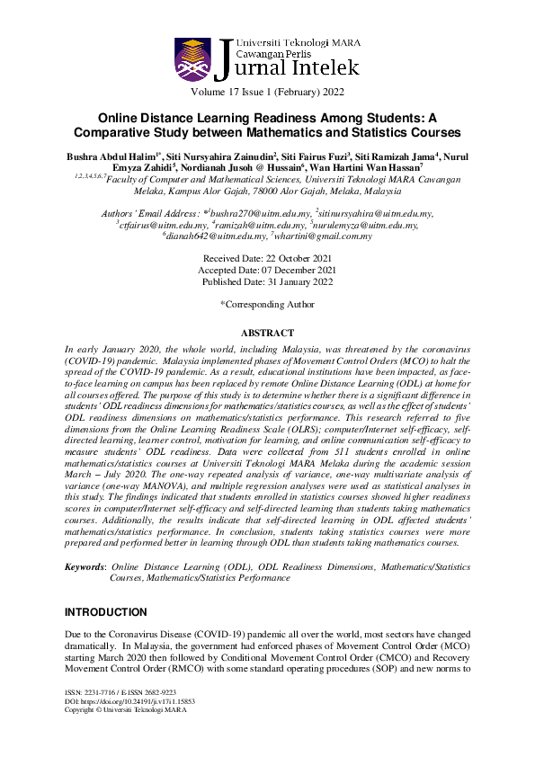 (PDF) Students' Online Distance Learning Readiness for Mathematics and ...