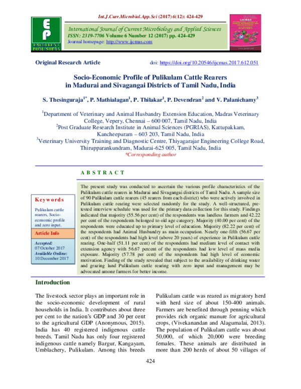(PDF) Socio-Economic Profile of Pulikulam Cattle Rearers in Madurai and ...
