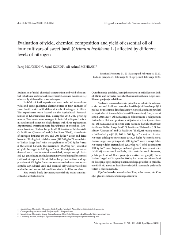 (PDF) Evaluation of yield, chemical composition and yield of essential ...