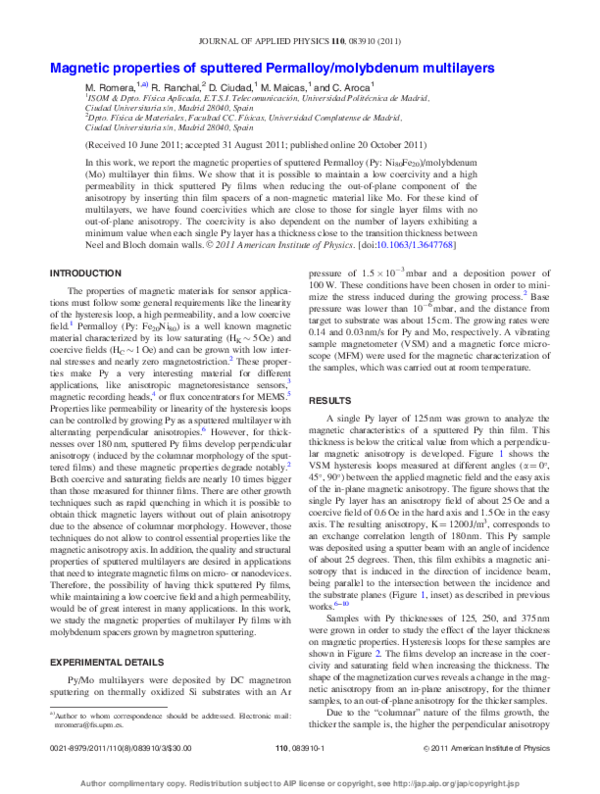 (PDF) Magnetic properties of sputtered Permalloy/molybdenum multilayers