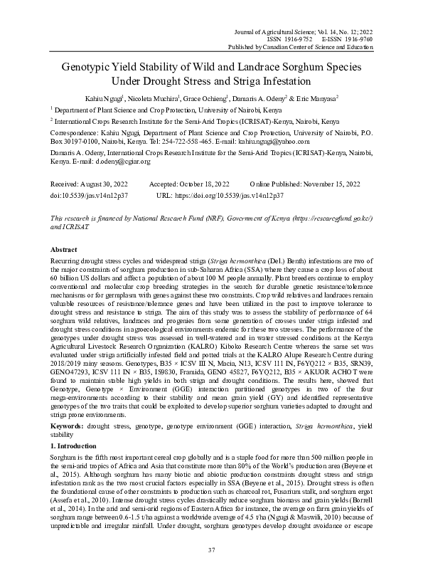 (PDF) Genotypic Yield Stability of Wild and Landrace Sorghum Species ...
