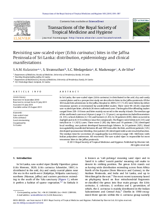 (PDF) Revisiting saw-scaled viper (Echis carinatus) bites in the Jaffna ...
