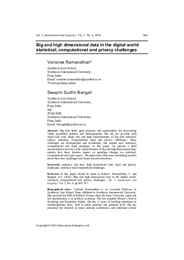 Pdf Big And High Dimensional Data In The Digital World Statistical Computational And Privacy