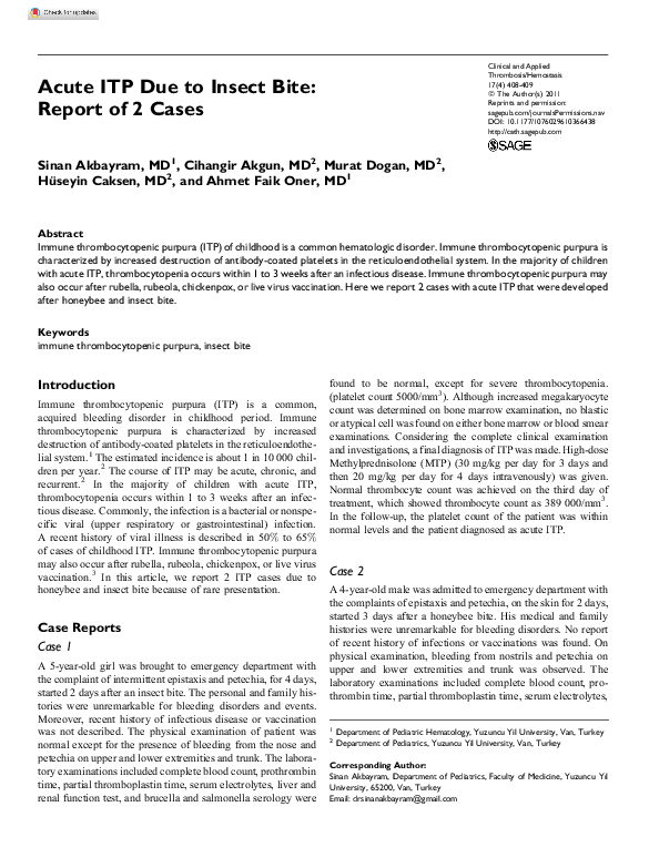 (PDF) Acute ITP Due to Insect Bite: Report of 2 Cases