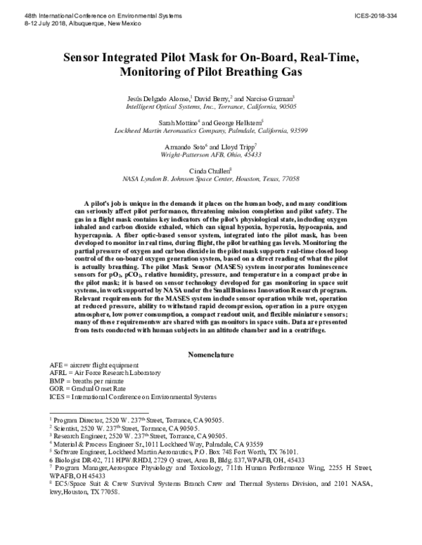 (PDF) Sensor Integrated Pilot Mask for On-Board, Real-Time, Monitoring ...