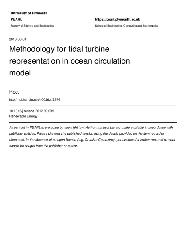 (PDF) 1 Methodology for Tidal Turbine Representation in Ocean Circulation Model