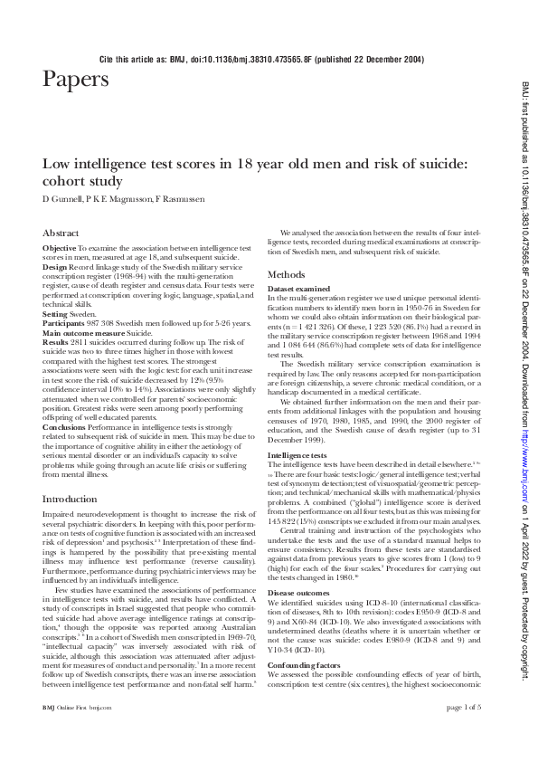 (PDF) Low intelligence test scores in 18 year old men and risk of ...