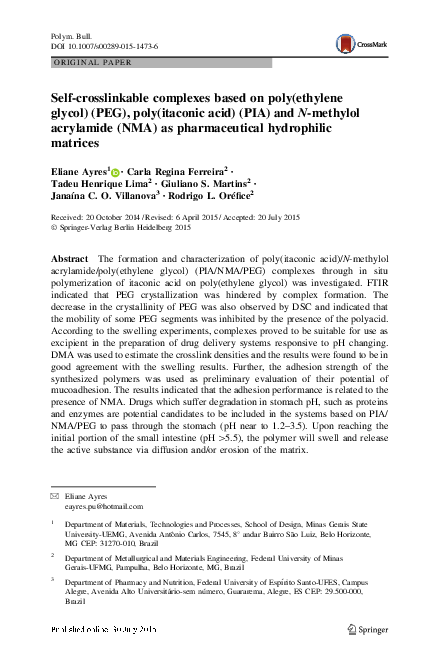 (PDF) Self-crosslinkable complexes based on poly(ethylene glycol) (PEG), poly(itaconic acid ...