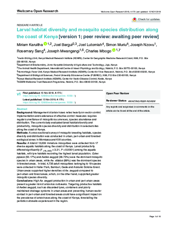 (PDF) Larval habitat diversity and mosquito species distribution along ...