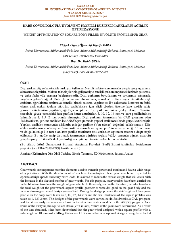 (PDF) KARE GÖVDE DOLGULU EVOLVENT PROFİLLİ DÜZ DİŞLİ ÇARKLARIN AĞIRLIK ...