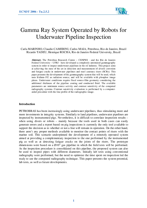 Gamma Ray System Operated by Robots for Underwater Pipeline Inspection