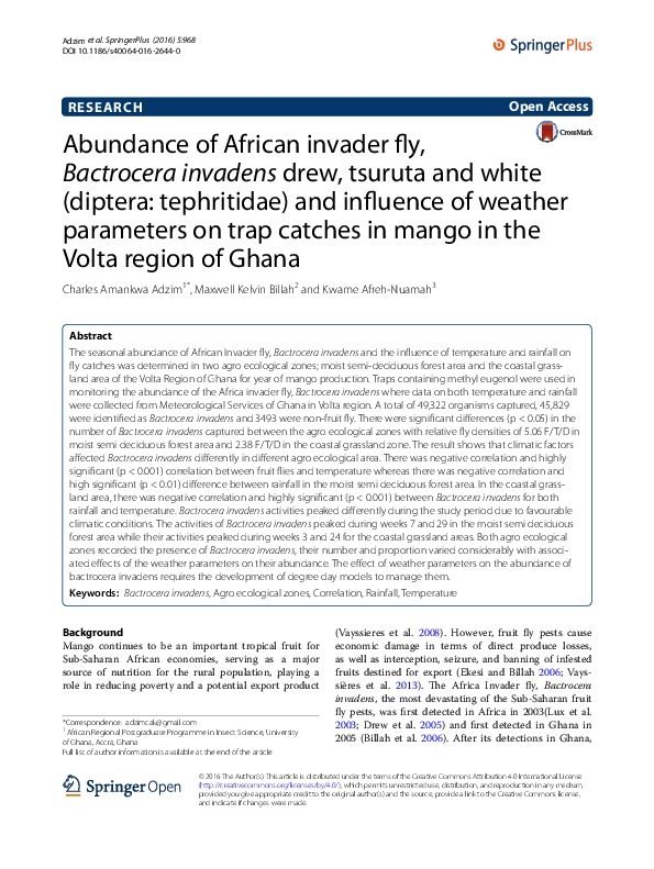 (PDF) Abundance of African invader fly, Bactrocera invadens drew ...