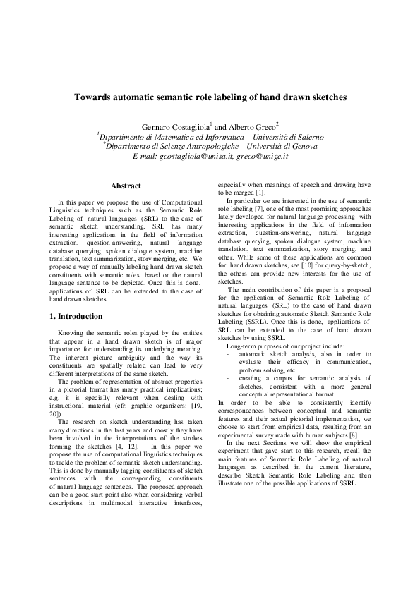 Pdf Towards Automatic Semantic Role Labeling Of Hand Drawn Sketches