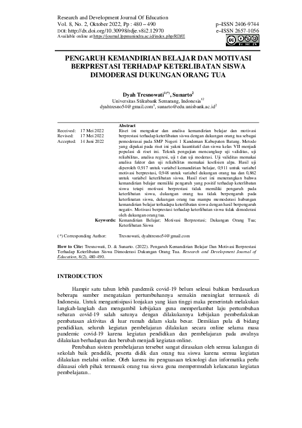 (PDF) Pengaruh Kemandirian Belajar Dan Motivasi Berprestasi Terhadap Keterlibatan Siswa ...