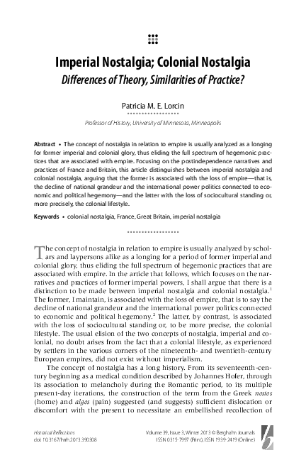 (PDF) Imperial Nostalgia; Colonial Nostalgia: Differences of Theory ...