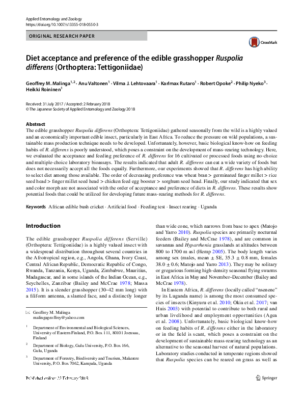 (PDF) Diet acceptance and preference of the edible grasshopper Ruspolia ...