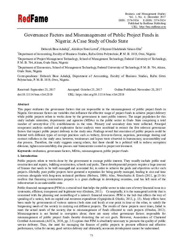 (PDF) Governance Factors and Mismanagement of Public Project Funds in Nigeria: A Case Study of ...