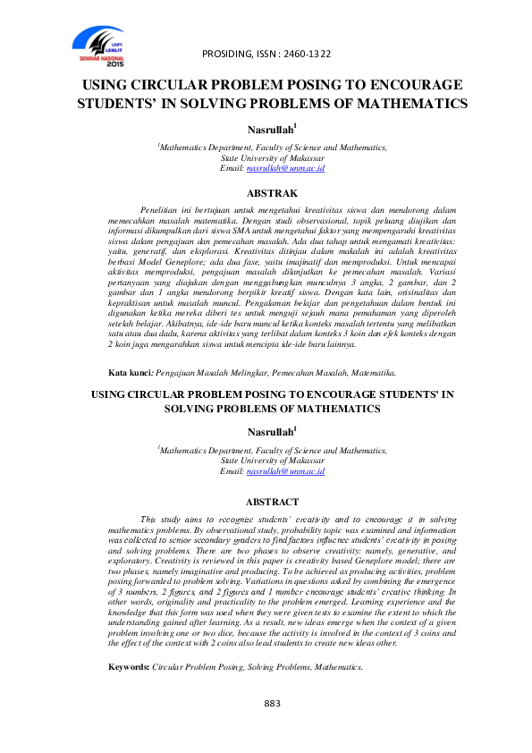 (PDF) Using Circular Problem Posing to Encourage Students’ in Solving Problems of Mathematics ...