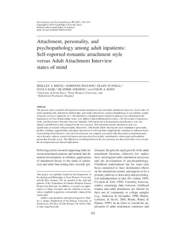 (PDF) Attachment, personality, and psychopathology among adult ...