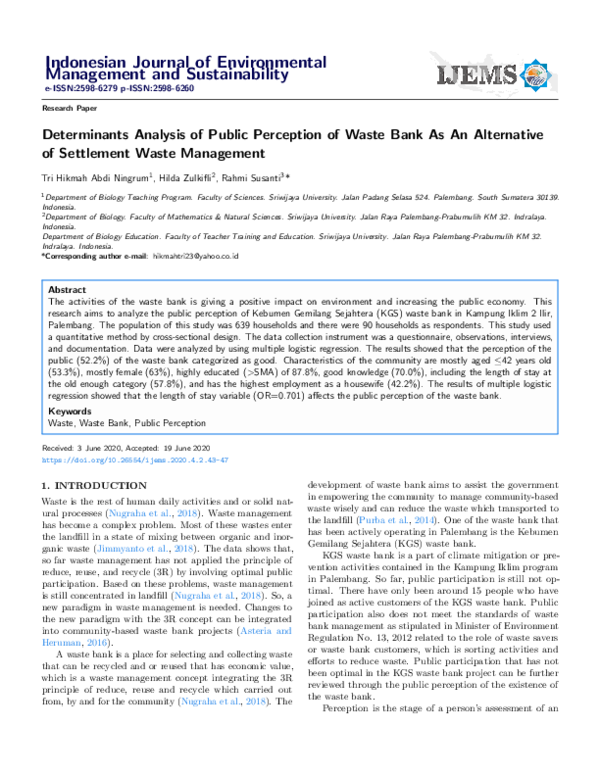 (PDF) Determinants Analysis of Public Perception of Waste Bank As An ...