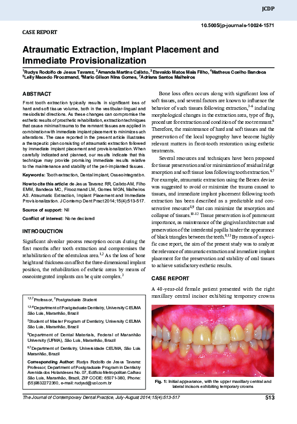(PDF) Atraumatic Extraction, Implant Placement and Immediate Provisionalization