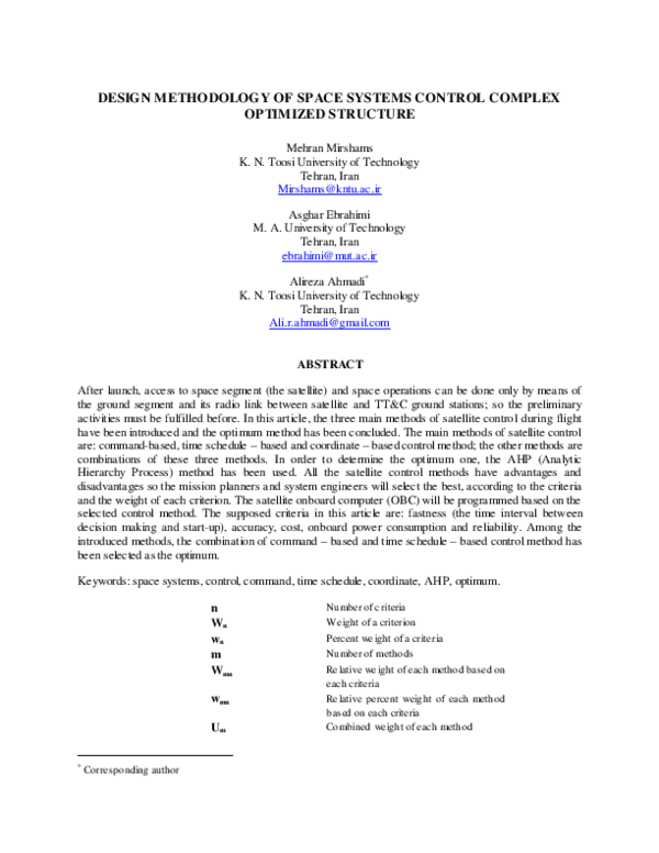 (PDF) Design Methodology of Space Systems Control Complex Optimized Structure | Alireza Ahmadi ...