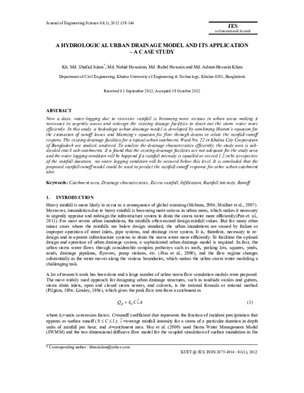 (PDF) A Hydrological Urban Drainage Model and Its Application – a Case ...