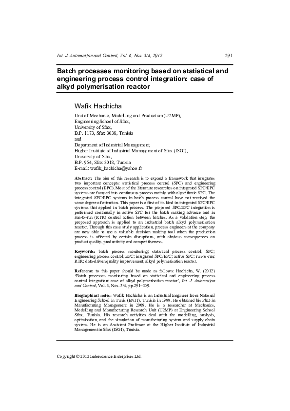 Pdf Batch Processes Monitoring Based On Statistical And Engineering Process Control