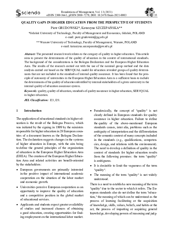 (PDF) Quality Gaps in Higher Education from the Perspective of Students