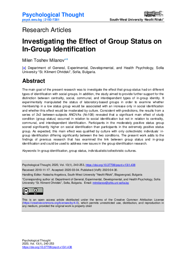 (PDF) Investigating the Effect of Group Status on In-Group Identification
