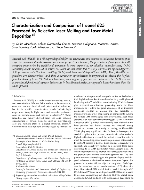 (PDF) Characterization and Comparison of Inconel 625 Processed by ...