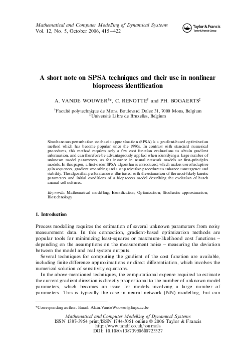(PDF) A short note on SPSA techniques and their use in nonlinear bioprocess identification