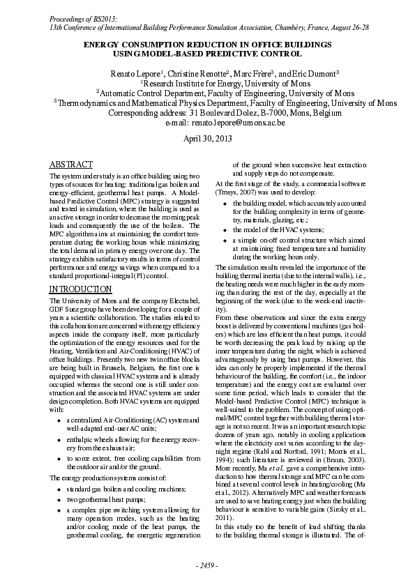 (PDF) Energy Consumption Reduction In Office Buildings Using Model-based Predictive Control