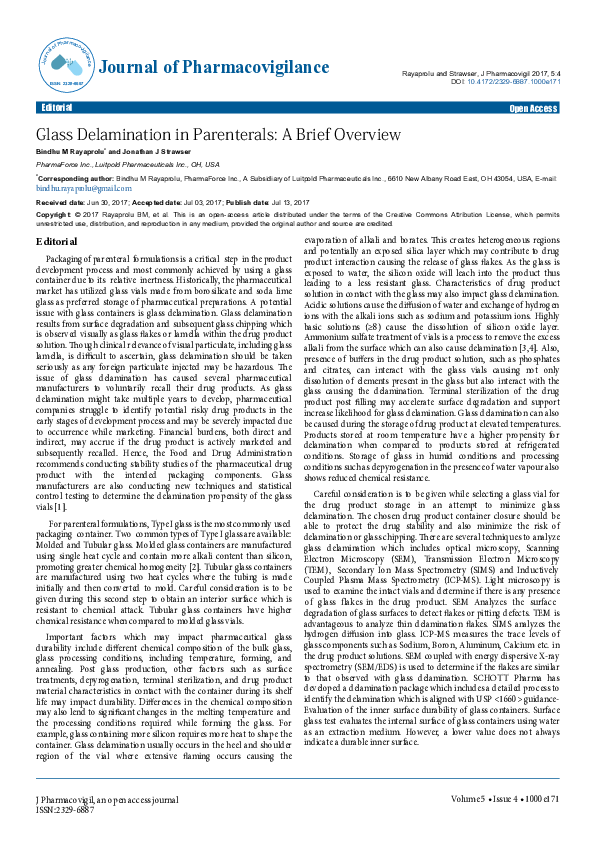 (PDF) Glass Delamination in Parenterals: A Brief Overview