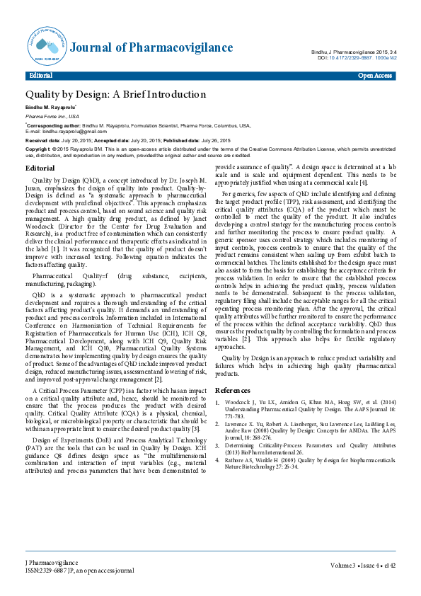 (PDF) Quality by Design: A Brief Introduction