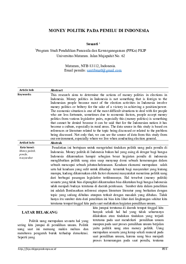 (DOC) MONEY POLITIK PADA PEMILU DI INDONESIA | Susanti Santi - Academia.edu