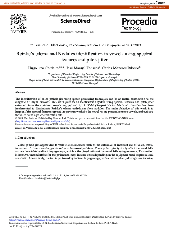(PDF) Reinke's Edema and Nodules Identification in Vowels Using Spectral Features and Pitch ...
