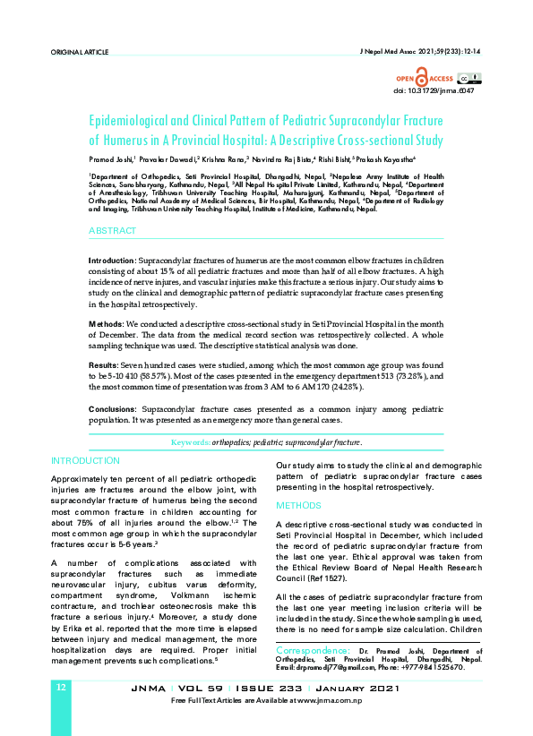 Epidemiological and Clinical Pattern of Pediatric Supracondylar Fracture of Humerus in A ...