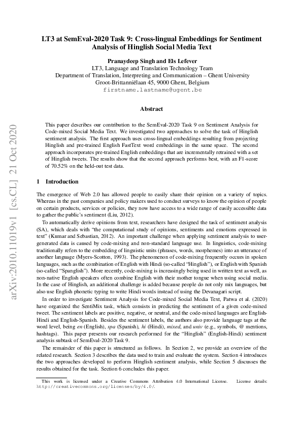 (PDF) LT3 at SemEval-2020 Task 9: Cross-lingual Embeddings for Sentiment Analysis of Hinglish ...