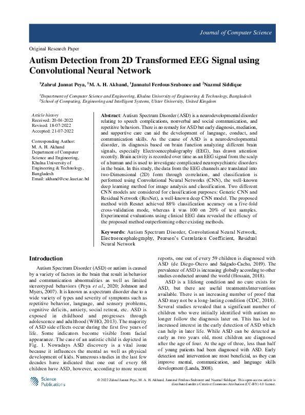 Pdf Autism Detection From 2d Transformed Eeg Signal Using Convolutional Neural Network