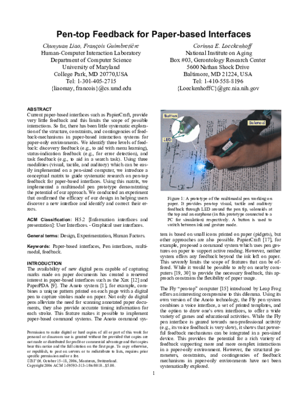 (PDF) Pen-top feedback for paper-based interfaces