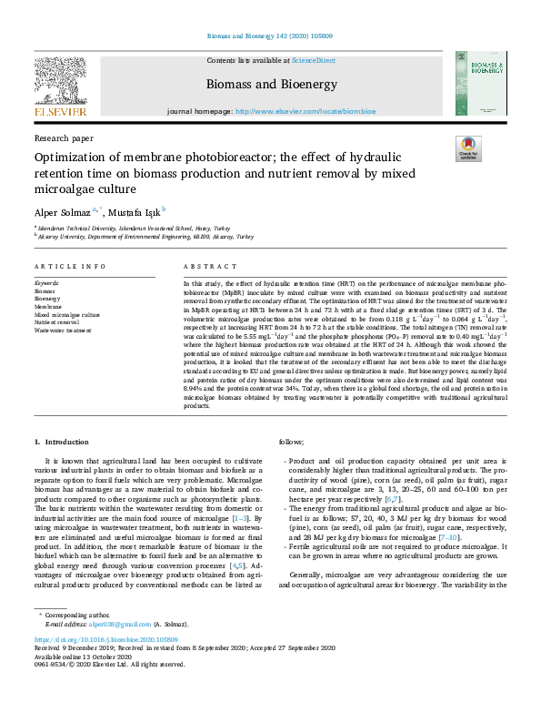 (PDF) Optimization of membrane photobioreactor; the effect of hydraulic ...