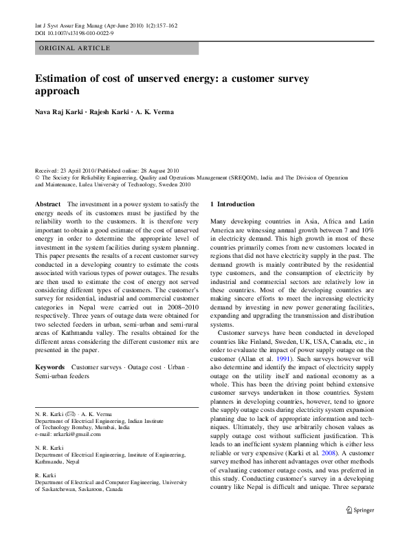 (PDF) Estimation of cost of unserved energy: a customer survey approach