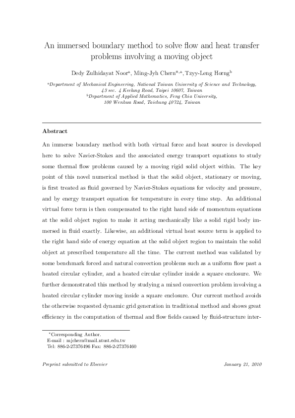 (PDF) An Immersed Boundary Method to Solve Flow and Heat Transfer Problems Involving a Moving Object
