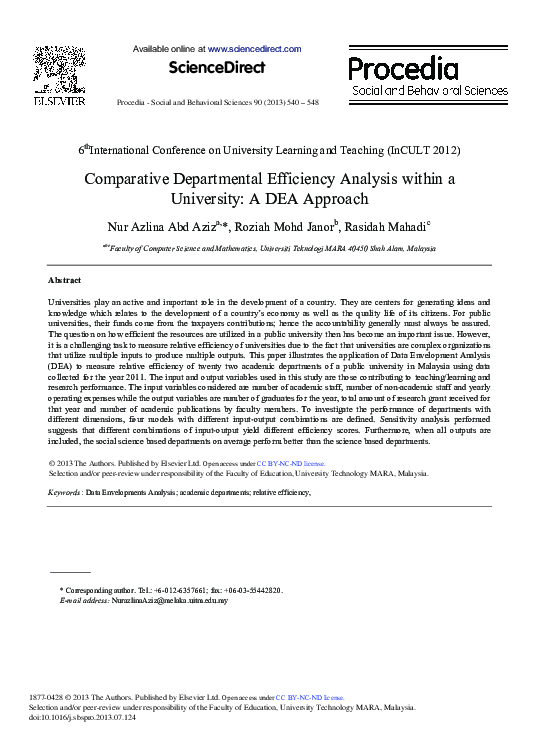 (PDF) Comparative Departmental Efficiency Analysis within a University: A DEA Approach