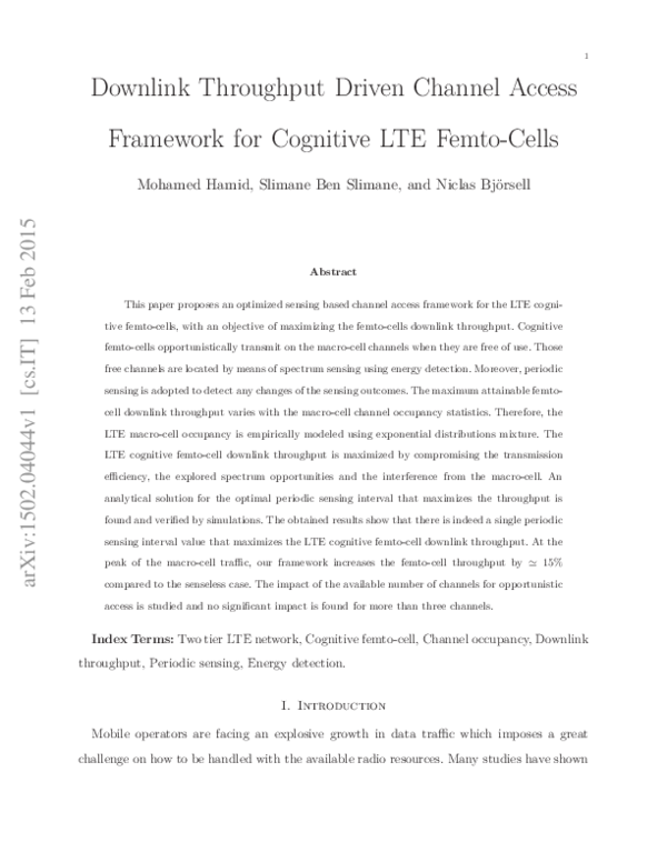 (PDF) Downlink Throughput Driven Channel Access Framework for Cognitive LTE Femto-Cells